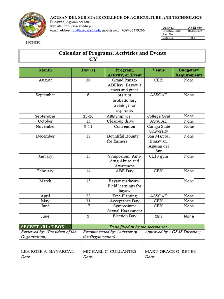 Calendar of Programs | PDF