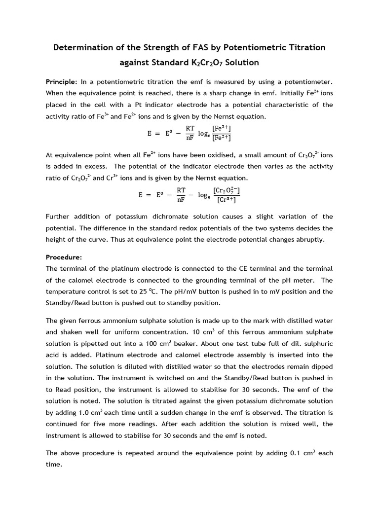 Potentiometric Titration of FAS Vs Dichromate | PDF