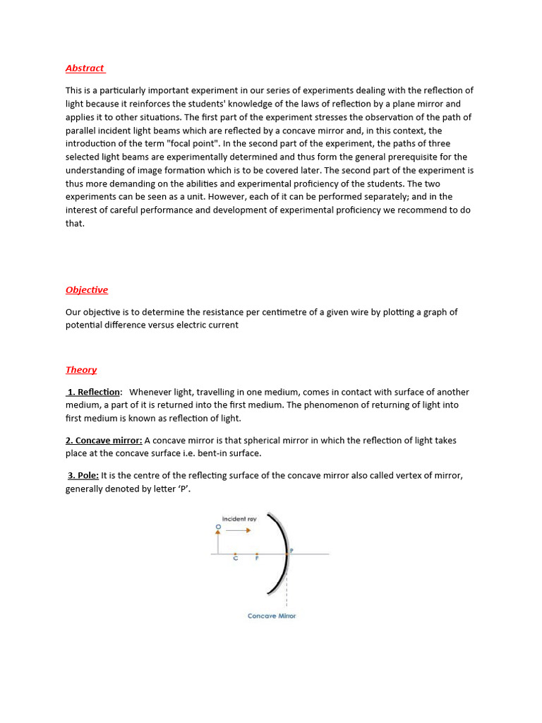 To Study Reflection in Concave Mirror - Physics Astronomy Project Topics | PDF | Mirror ...
