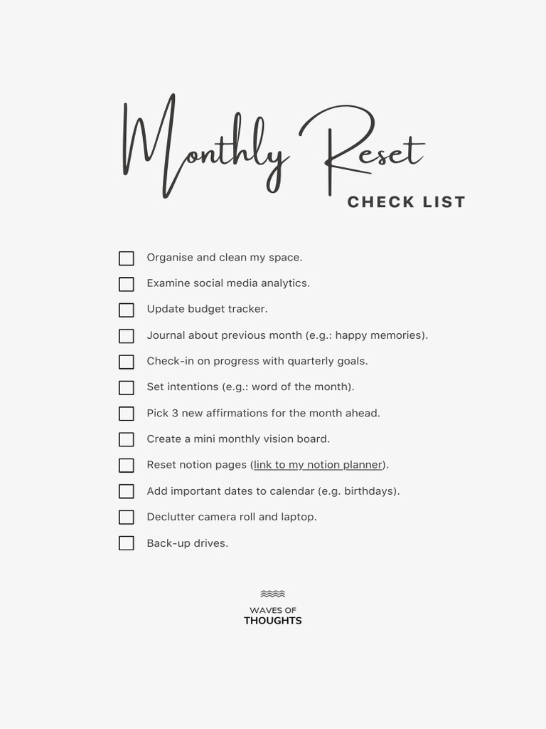 Monthly Reset Checklist and Goals | PDF | Finance & Money Management