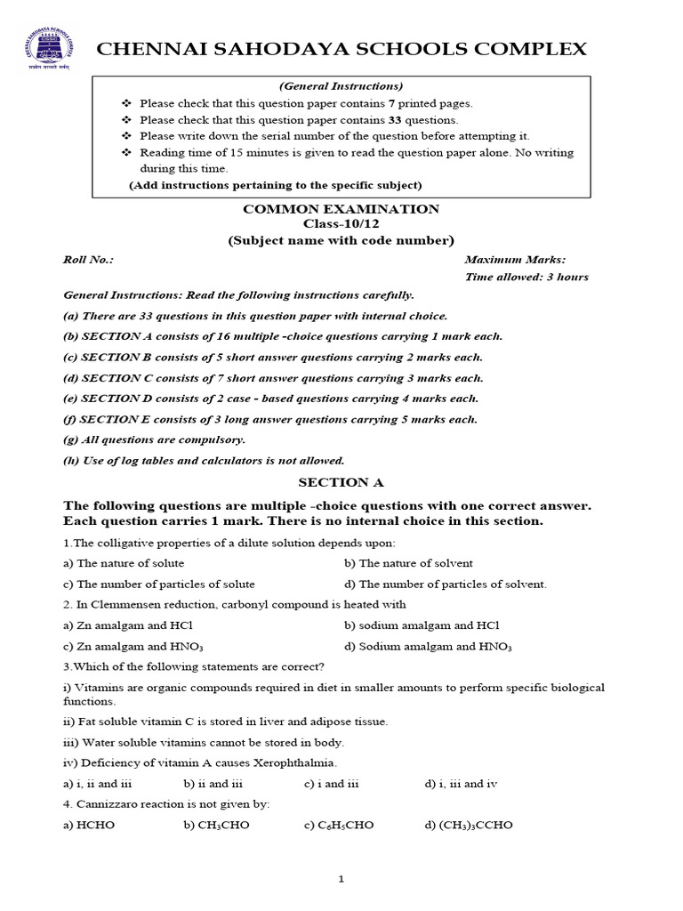 QP-Chemistry-12-Practice Paper-1 | PDF | Solubility | Vitamin