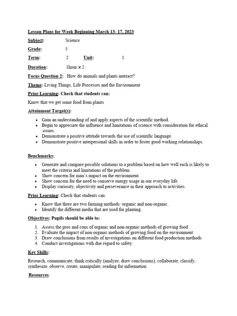 Lesson Plans For Week Beginning March 13 | PDF