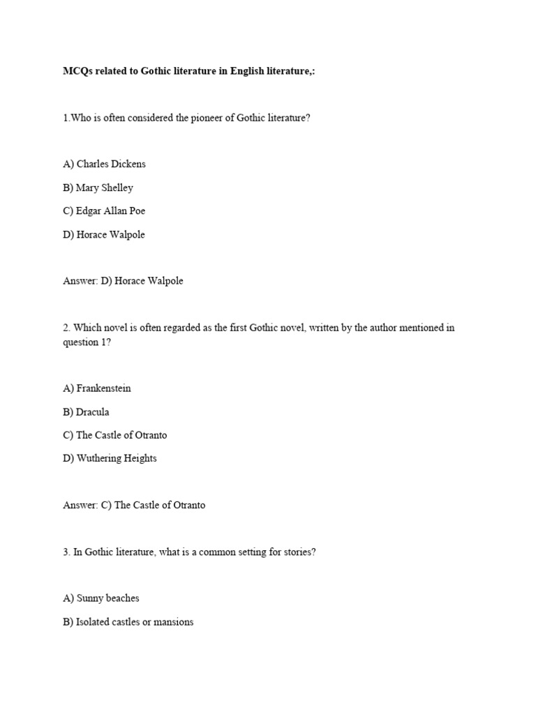 Gothic Literature MCQs and Answers | PDF | Young Adult | Classics