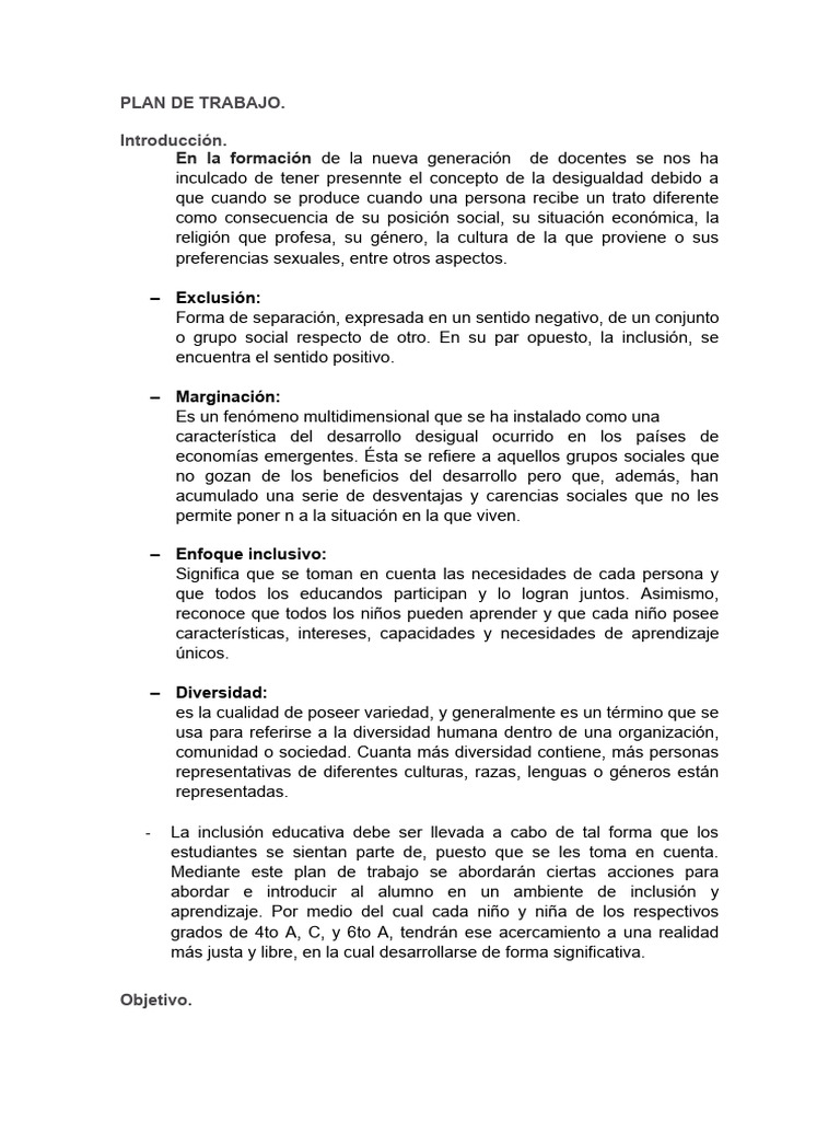 PLAN DE TRABAJO Educaciòn Inclusiva | PDF
