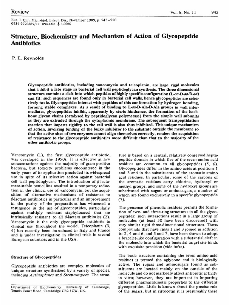 Glycopeptide Antibiotics: Mechanism of Action | PDF | Enzyme Inhibitor ...