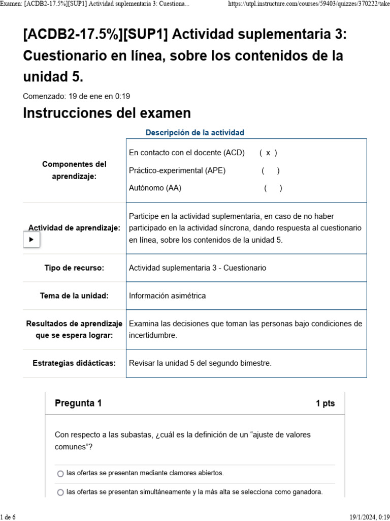 Examen - (ACDB2-17.5%) (SUP1) Actividad Suplementaria 3 - Cuestionario en Línea, Sobre Los ...