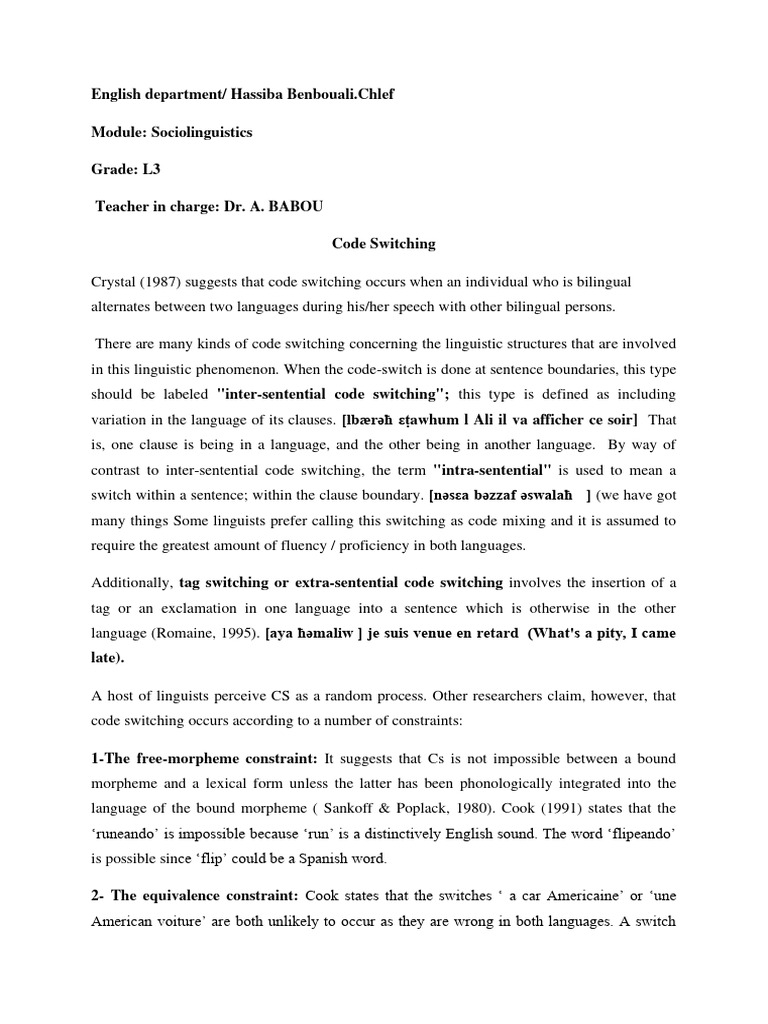 Code Switching | PDF | Linguistics | Human Communication Code Switching | PDF | Linguistics | Human Communication