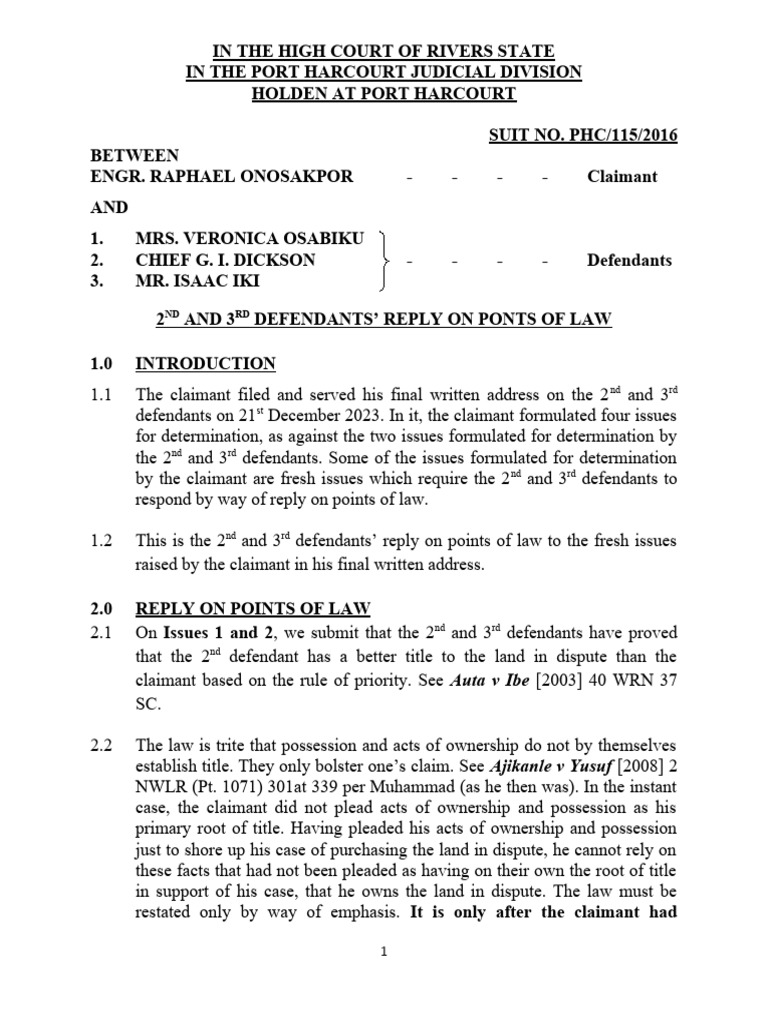 Defendants' Legal Reply in Land Dispute Case | PDF | Private Law ...