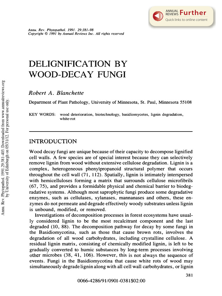 1991 Blanchette Annual Review of Phytopathology 29 1 Delignification by ...