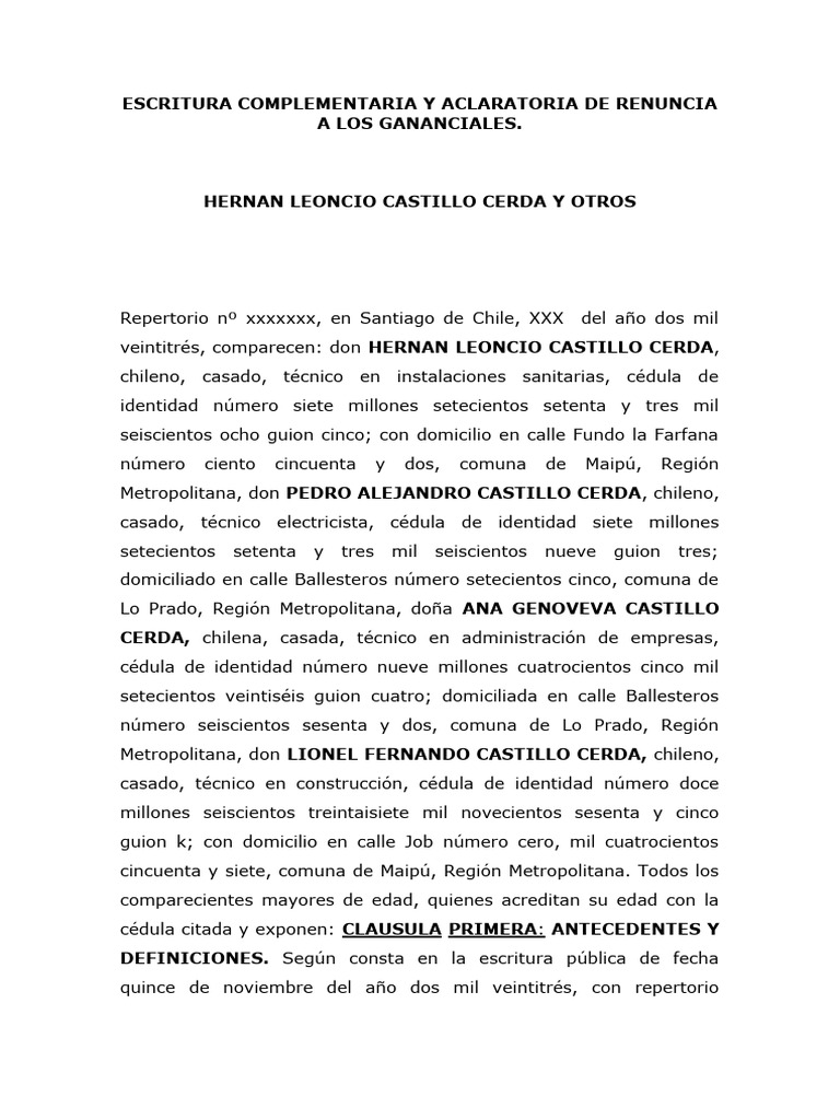 Escritura Complementaria y Aclaratoria de Renuncia A Los Gananciales | PDF | Derecho Civil ...