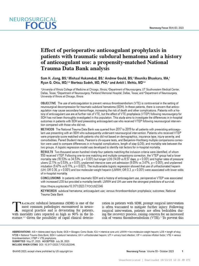Neurosurg Focus Article | PDF | Neurosurgery | Chronic Obstructive ...