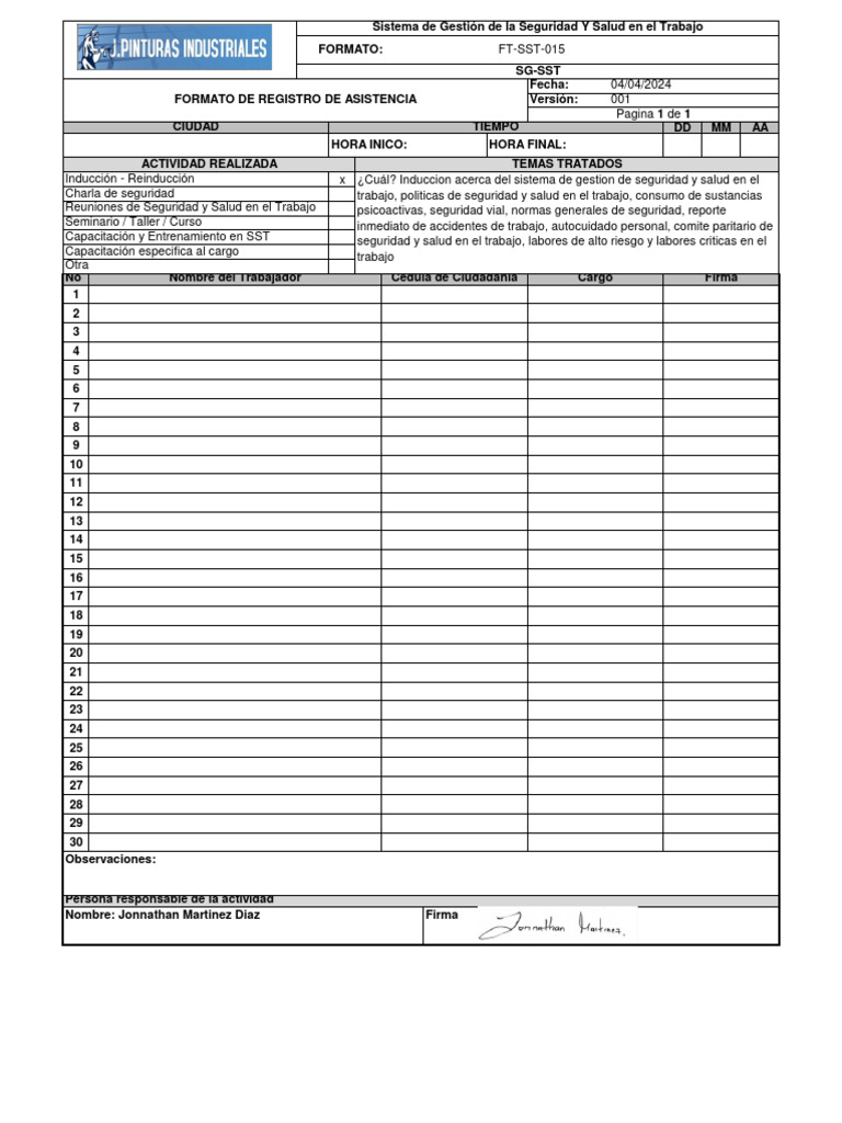 FT-SST-015 Formato de Registro de Asistencia | PDF