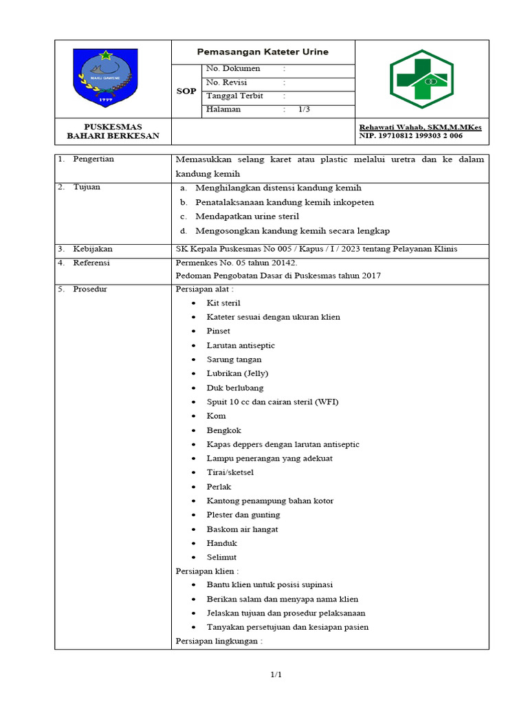 SOP Pemasangan Kateter Urine | PDF