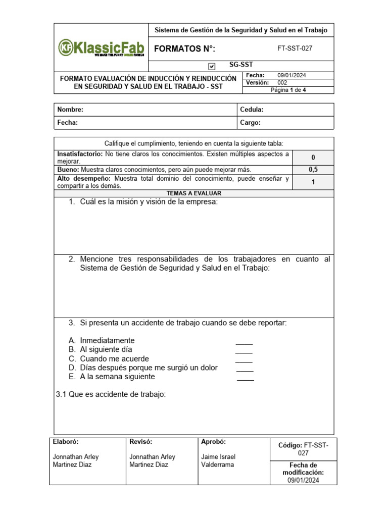 FT-SST-027 Formato Evaluación Inducción y Reinducción de SST | PDF FT-SST-027 Formato Evaluación Inducción y Reinducción de SST | PDF