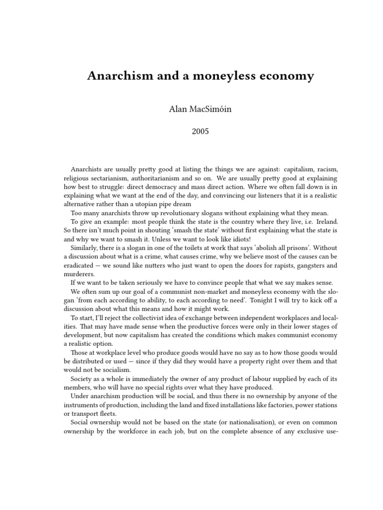 Anarchism and a Moneyless Economy Explained | PDF | Consumerism | Anarchism