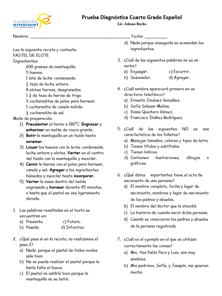 Prueba Diagnóstica Español 4to Grado | PDF | Lingüística