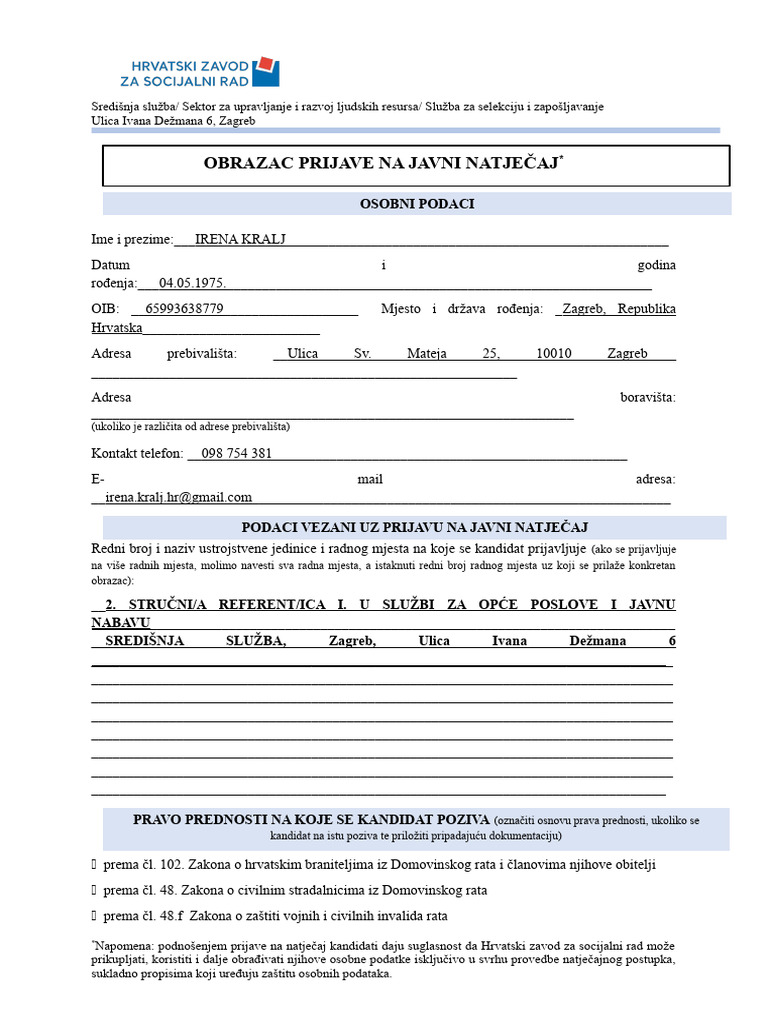 Obrazac Prijave Za Natjecaj | PDF