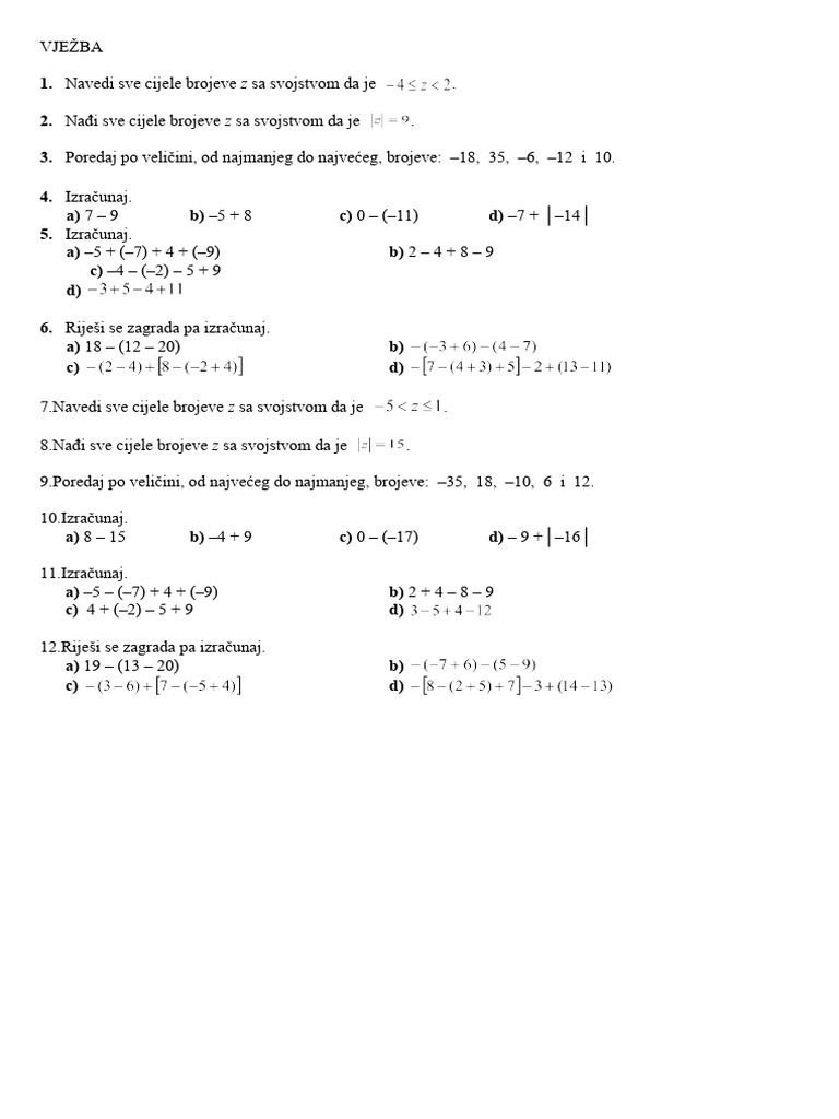 VJEŽBA-sabiranje I Oduzimanje Cijelih Brojeva | PDF