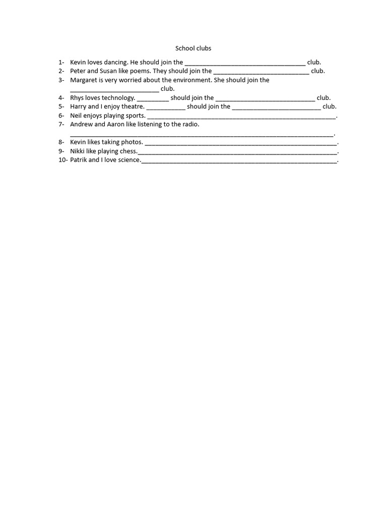 School Clubs Worksheet | PDF | Home & Garden