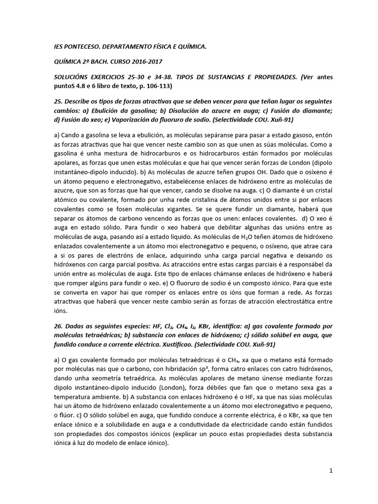 Soluciones Ejercicios Baía Enlace Ejercicios 25-30 y 34-38 Propiedades Sustancias | PDF