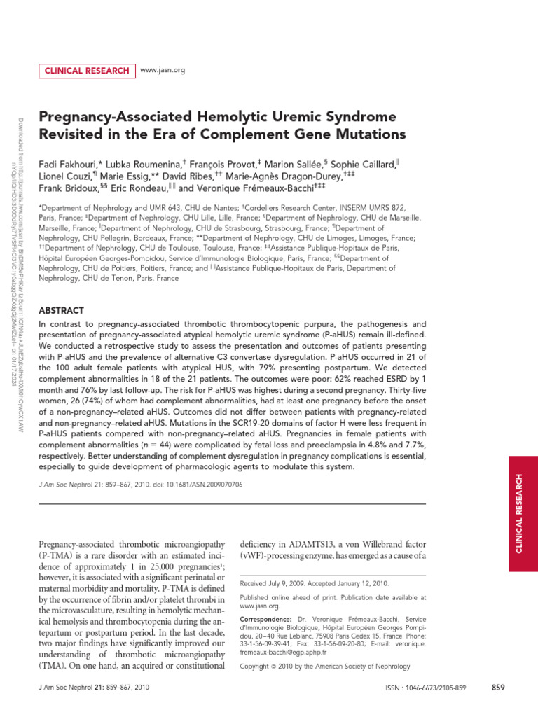 Fakhouri 2010 JASN Pregnancy-Associated Hemolytic Uremic Syndrome Revisited in The Era of ...