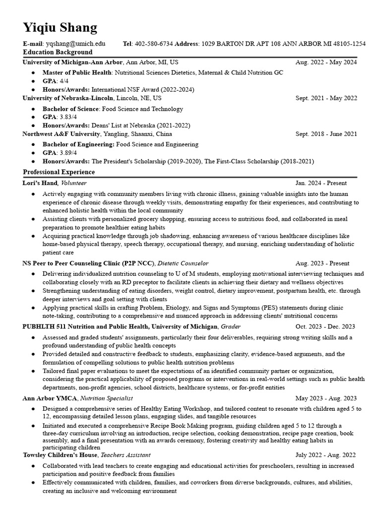 CV - Yiqiu Shang | PDF | Mentorship | Dietitian