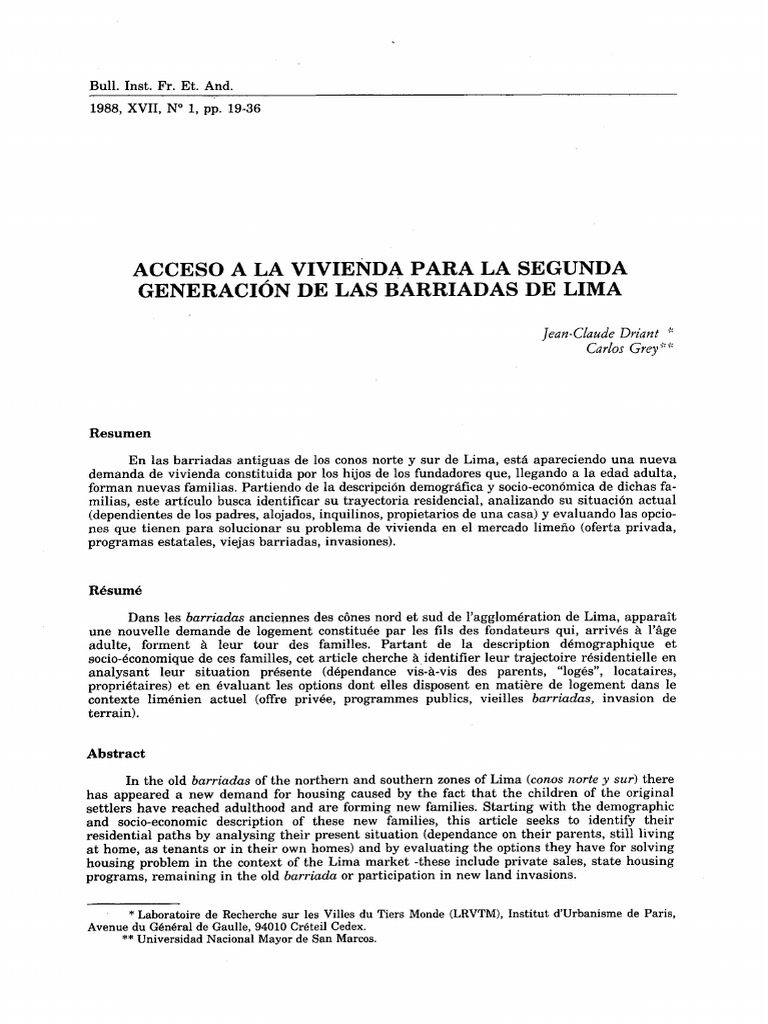 Aceso A La Vivienda para La Segunda Generación de Las Barriadas de Lima ...