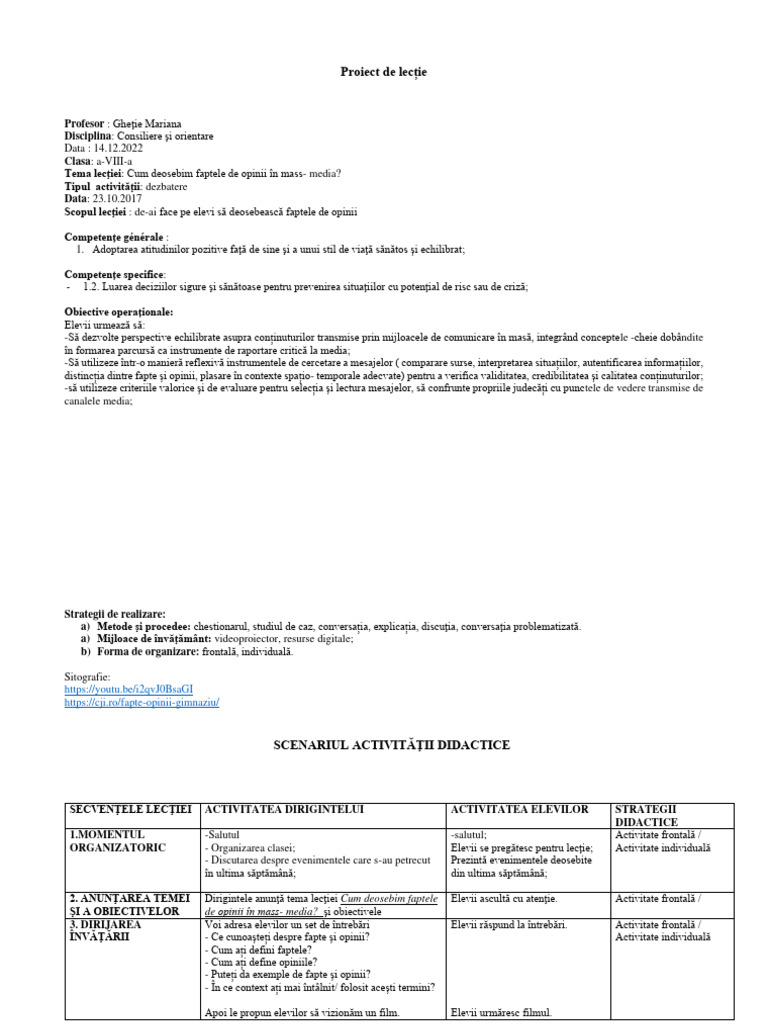 Scenariul Activitatii Didactice | PDF