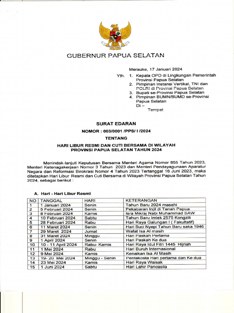 Surat Edaran Libur 2024 | PDF