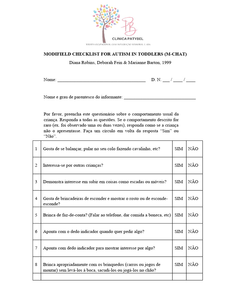 Checklist For Autism in Toddlers (M-CHAT) | PDF | Espectro do autismo