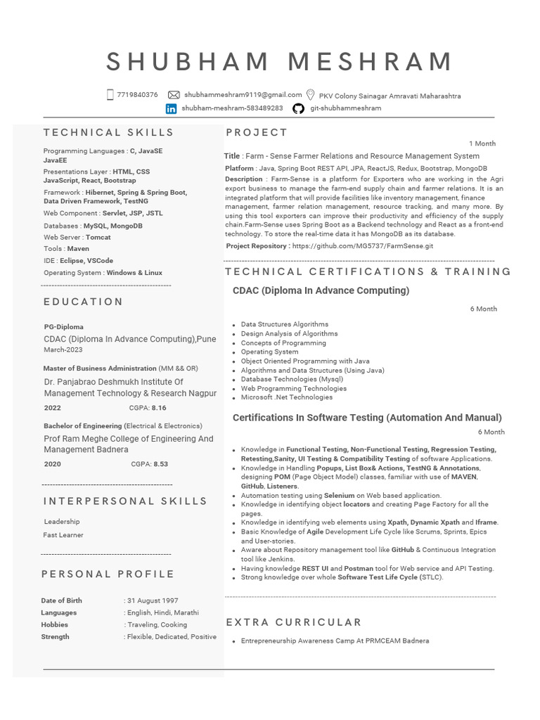 Shubham Meshram Resume-6 | PDF | Spring Framework | Java (Programming Language)