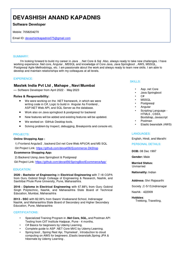 Devashish Kapadnis Resume | PDF | Microsoft Sql Server | Java Script Devashish Kapadnis Resume | PDF | Microsoft Sql Server | Java Script