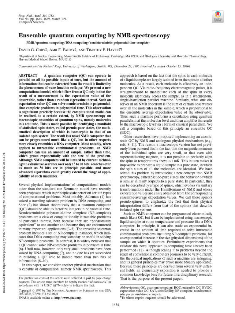 Cory Et Al 1997 Ensemble Quantum Computing by NMR Spectros | Download Free PDF | Spin (Physics ...