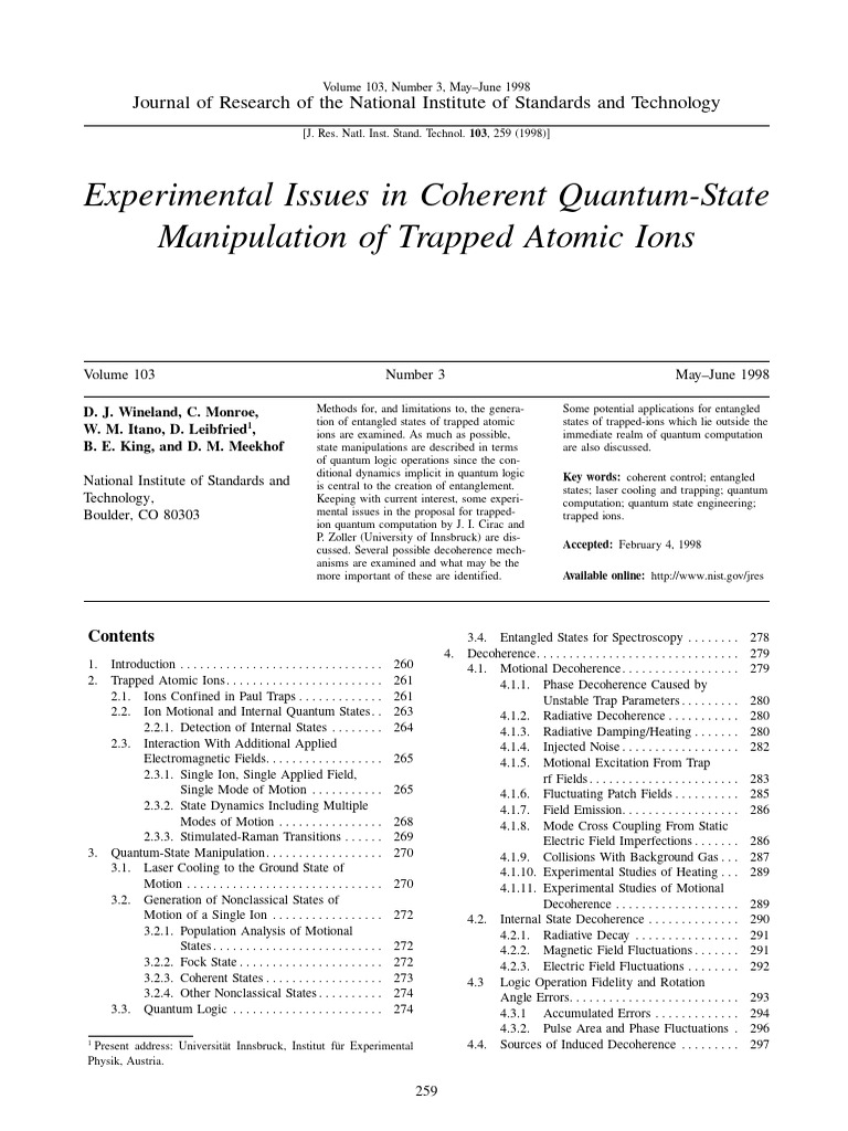 Experimental Issues in Coherent Quantum-State Manipulation of Trapped Atomic Ions | PDF ...