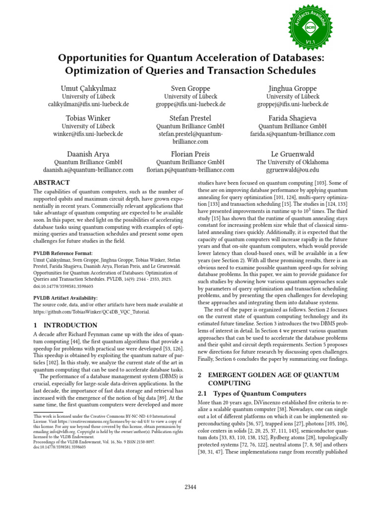 Opportunities For Quantum Acceleration of Databases: Optimization of ...