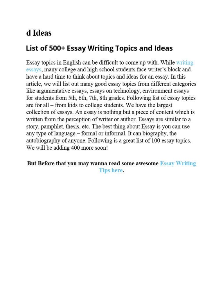 D Ideas: List of 500+ Essay Writing Topics and Ideas | PDF | Essays