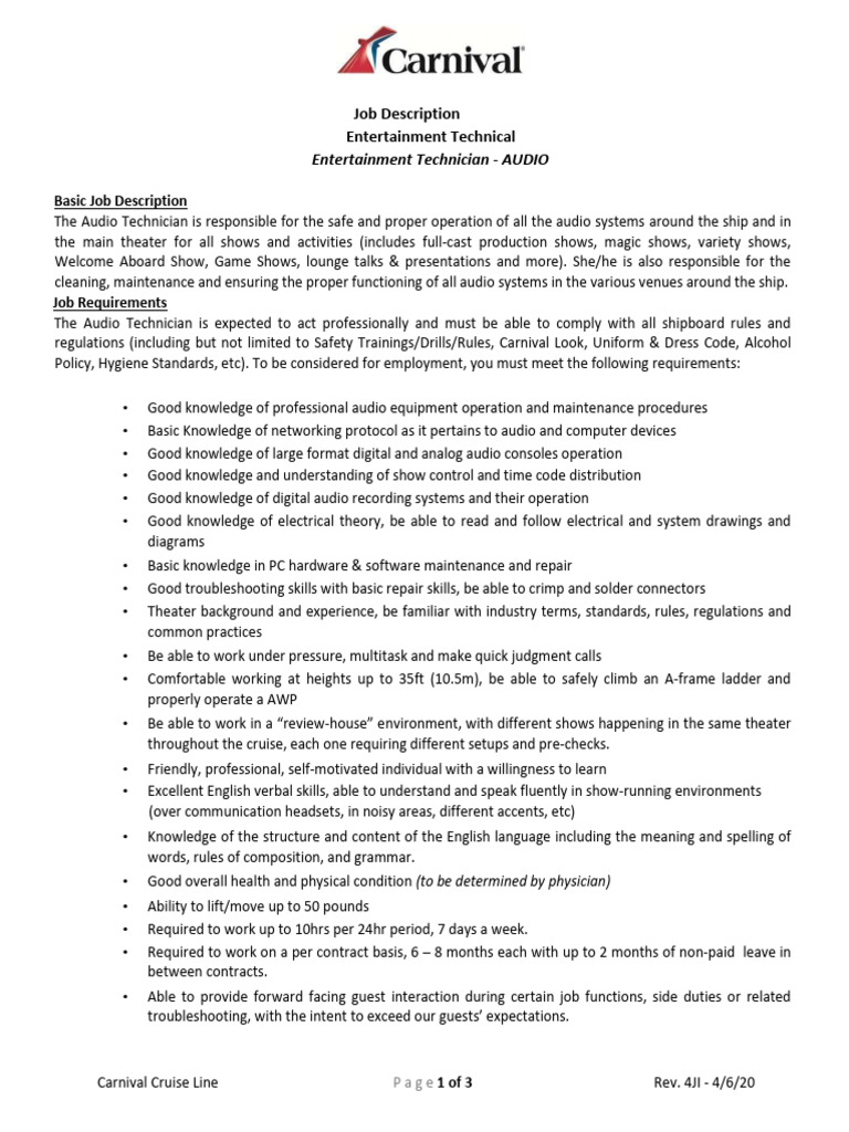 Job Description - Audio Technician | PDF | Audio Engineer | Electronics