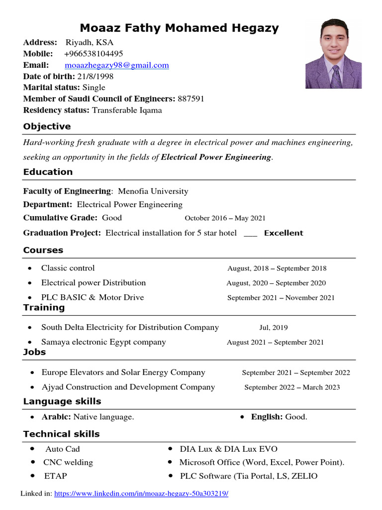 Moaaz's CV - Electrical Power Engineer | PDF