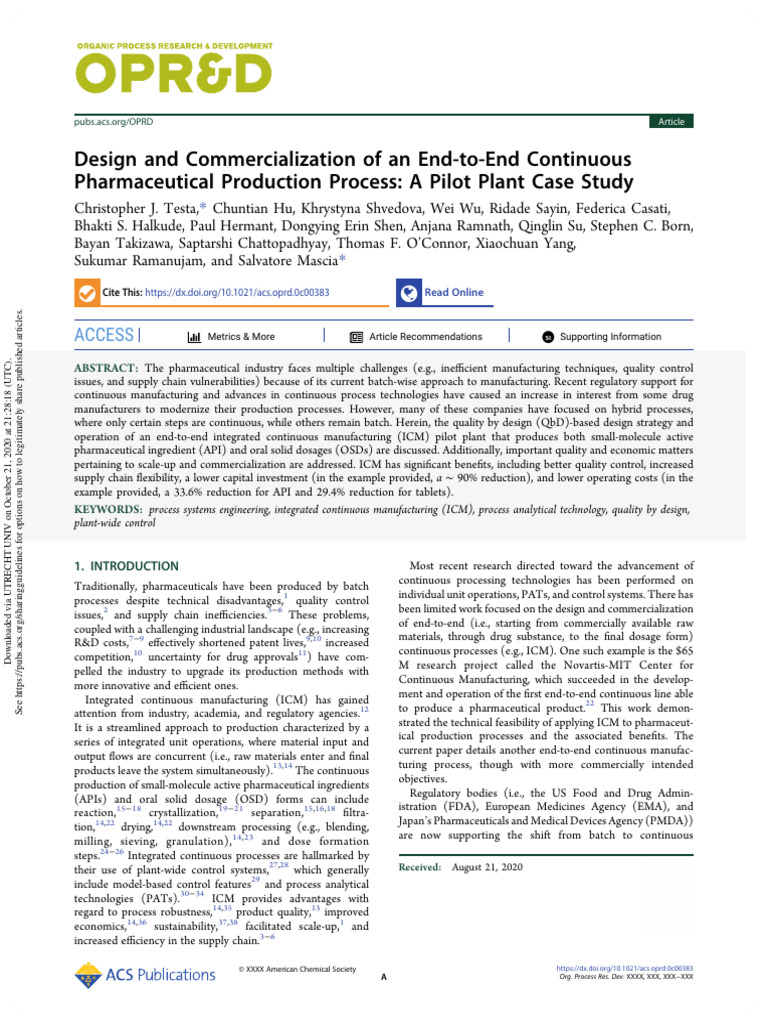Design and Commercialization of An End-to-End Continuous Pharmaceutical ...