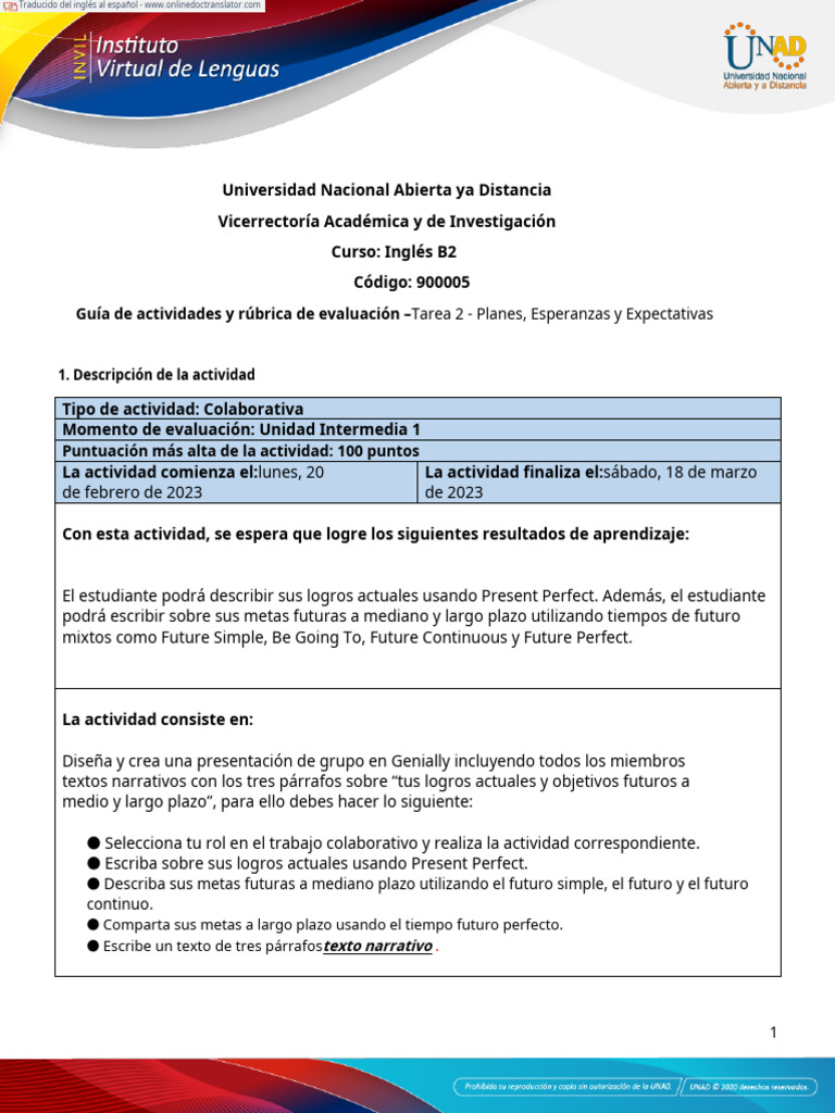 Activity Guide and Evaluation Rubric - Unit 1 - Task 2 - Plans, Hopes and Expectations - En.es | PDF