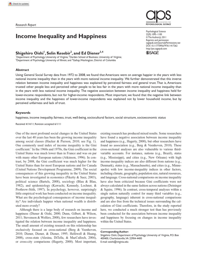 Income Inequality and Happiness. Psychological Science | PDF | Gini Coefficient | Economic ...
