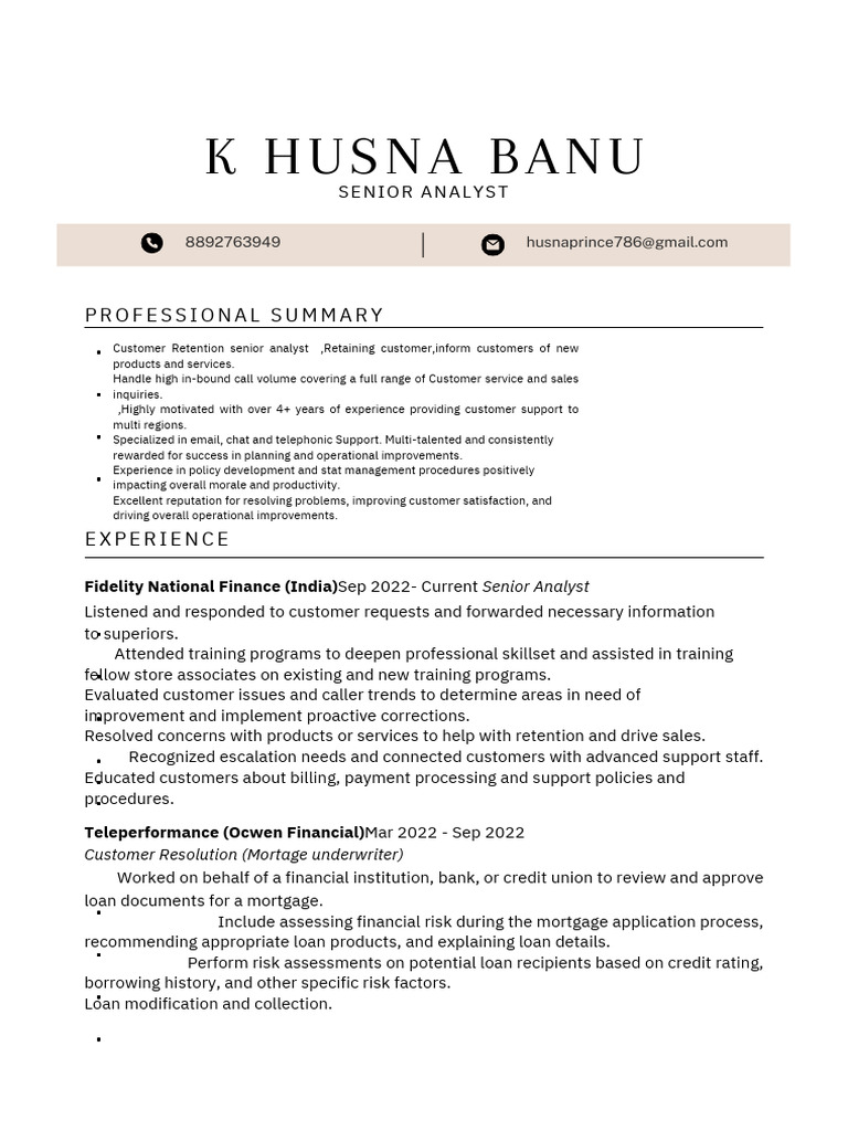 Senior Analyst Profile: Husna Banu | PDF | Financial Analyst | Mortgage ...