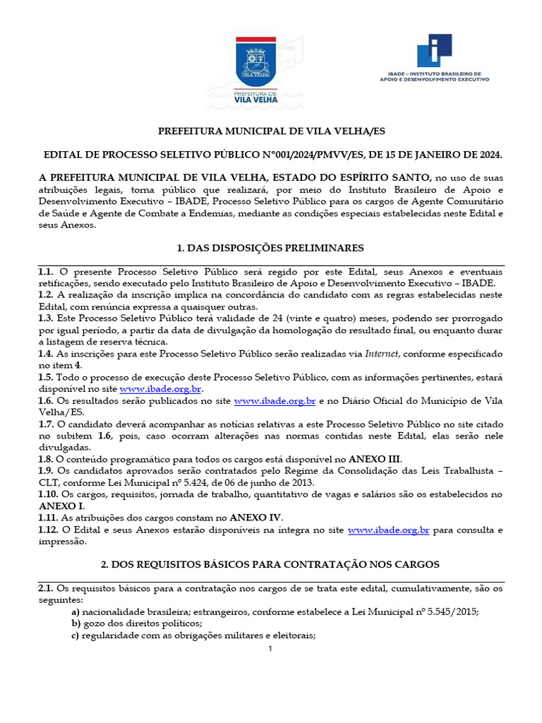 Edital de Processo Seletivo Público Nº001.2024..Pmvv-es, de 15 de Janeiro de 2024. | PDF ...