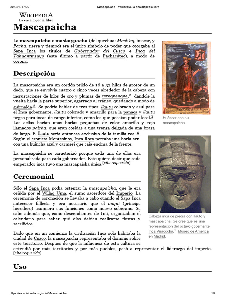 Mascapaicha - Wikipedia, La Enciclopedia Libre | PDF
