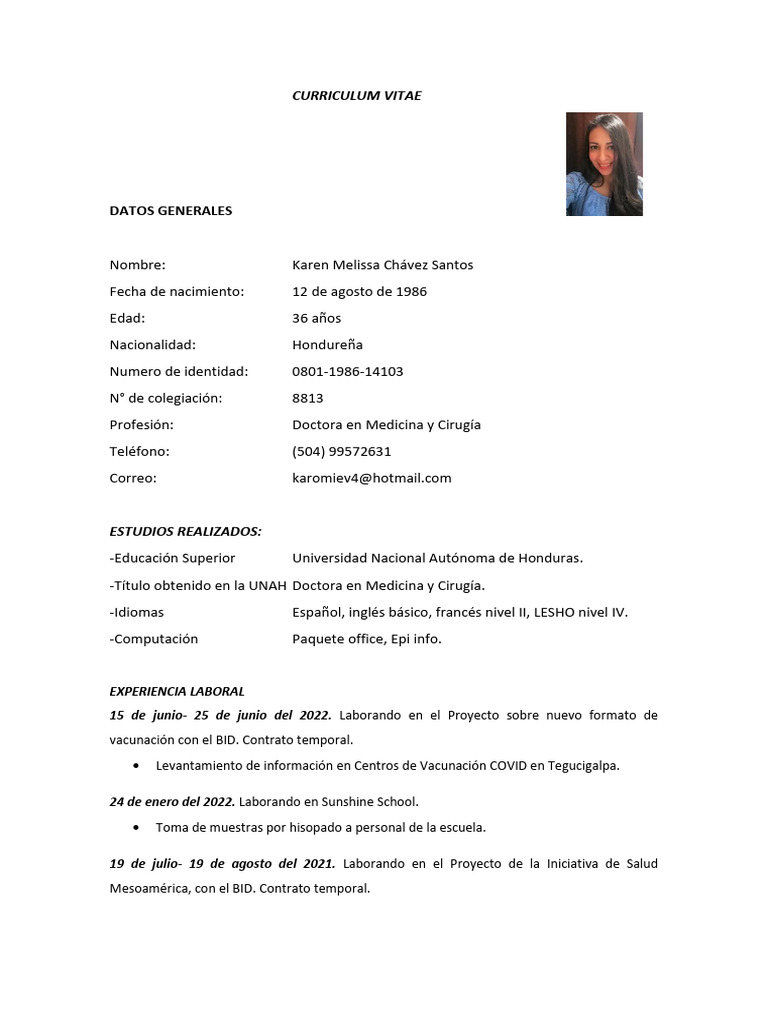 CV Karen Chavez | PDF | Honduras | Cuidado de la salud CV Karen Chavez | PDF | Honduras | Cuidado de la salud