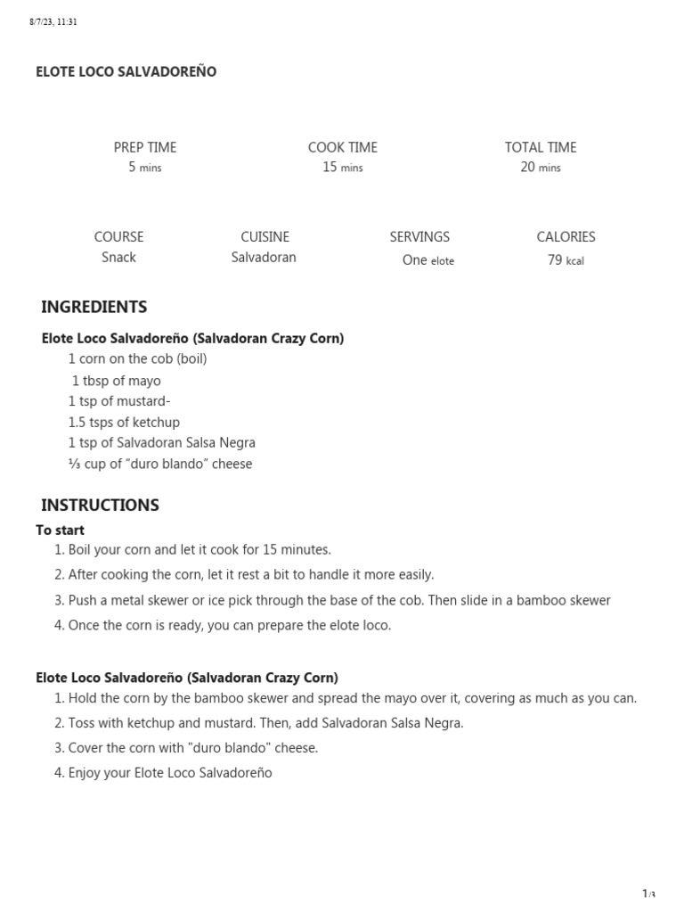 Elote Loco | PDF | Cooking, Food & Wine | Foreign Language Studies