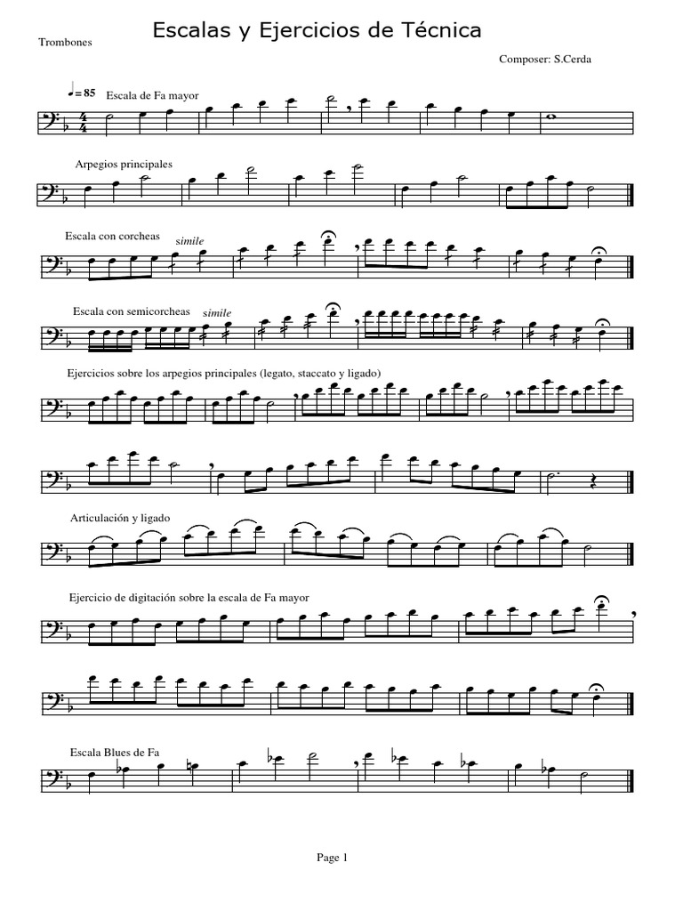 Escalas y Ejercicios de Técnica Trombones | PDF | Tecnicas musicales | Notación
