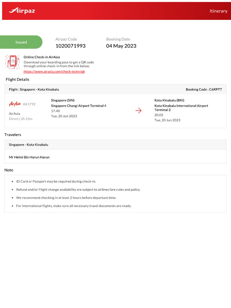 Airpaz Flight Itinerary 1020071993-1 | PDF