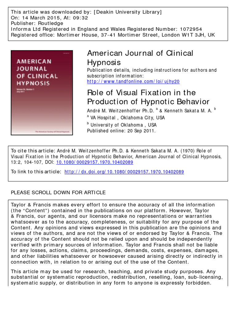 Role of Visual Fixation in The Production of Hypnotic Behavior | PDF