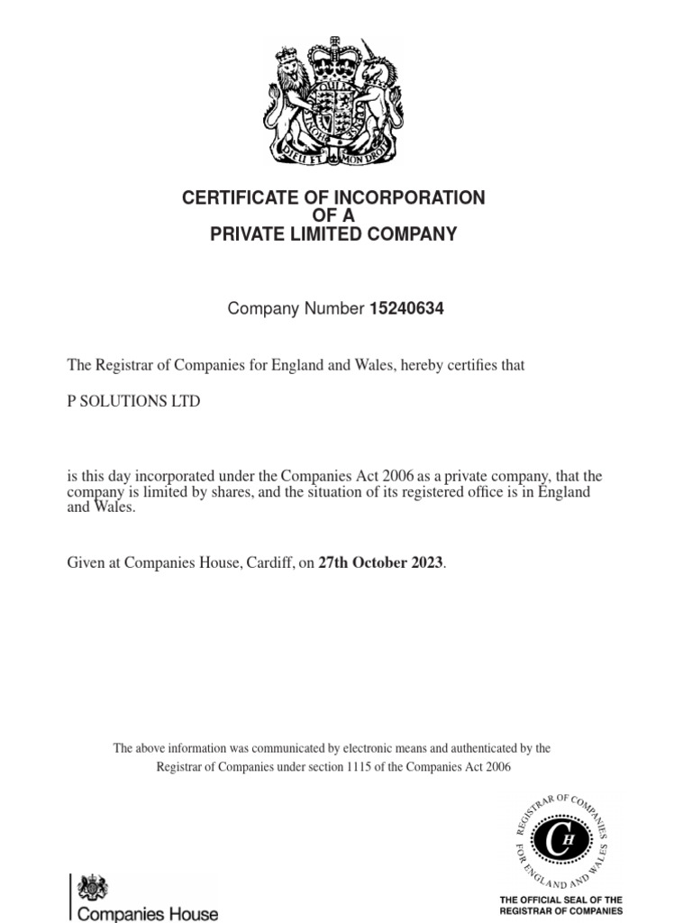 Certificate of Incorporation for P Solutions Ltd | PDF